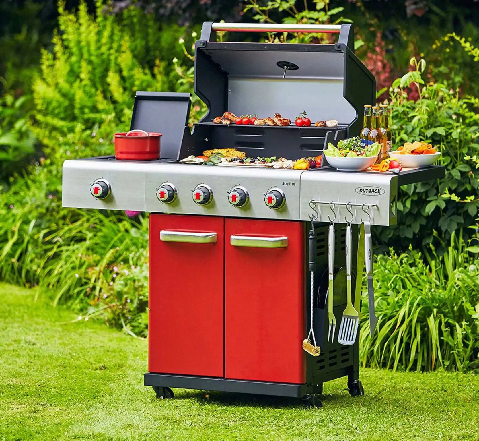 Outback Jupiter 4 Burner Hybrid BBQ with Choping Board - Red - Shop - Skylark Garden Centre
